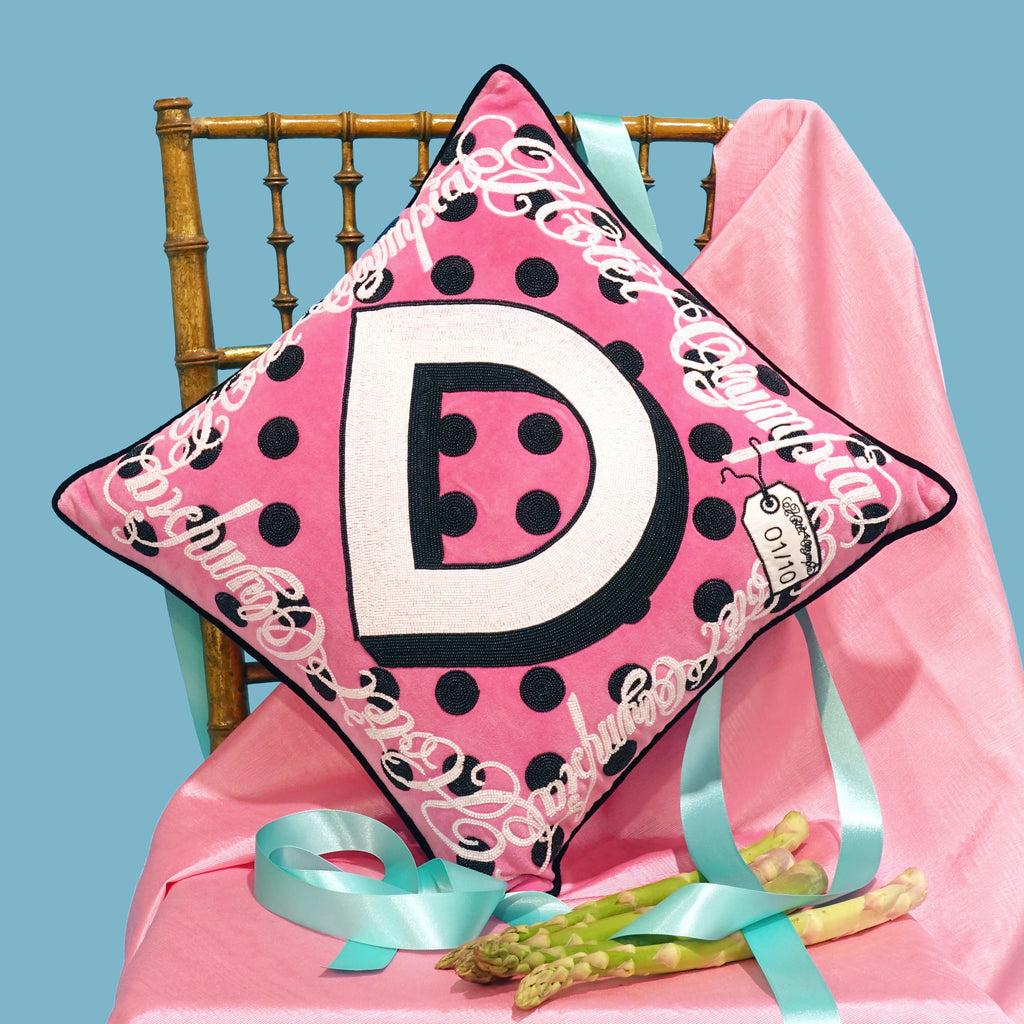 Pink polka dot alphabet pillow – Hotel Olympia